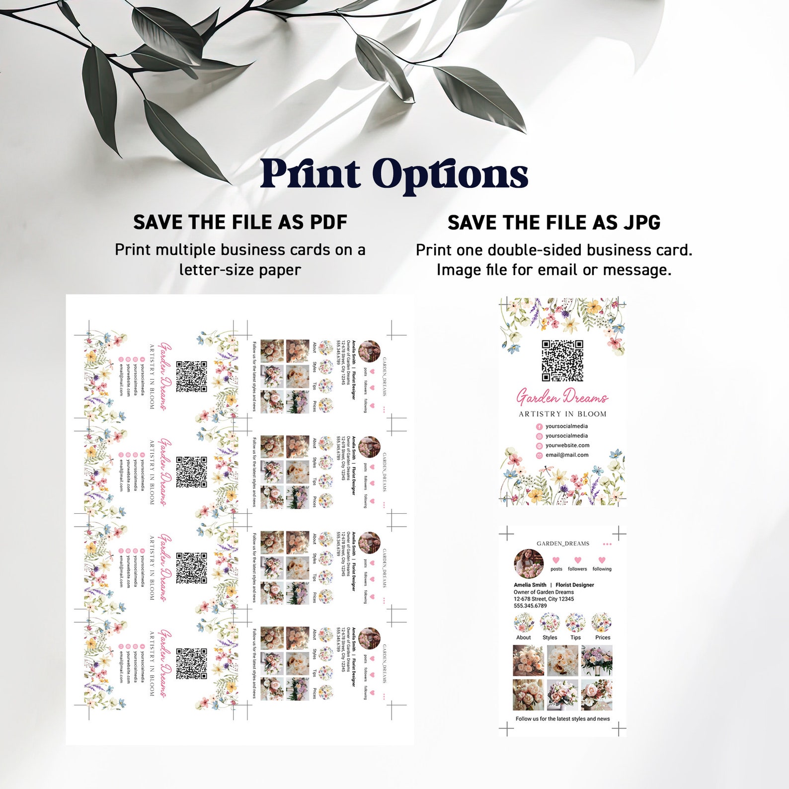 Instagram Floral Business Card With QR Code for Florist, Flower ...