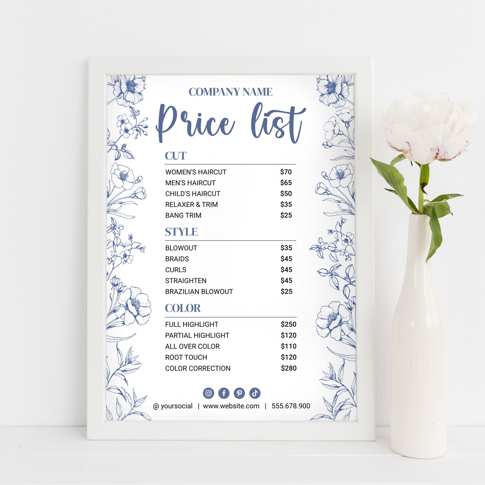 Floral Price List Template Editable Beauty Salon Pricelist & Printable ...
