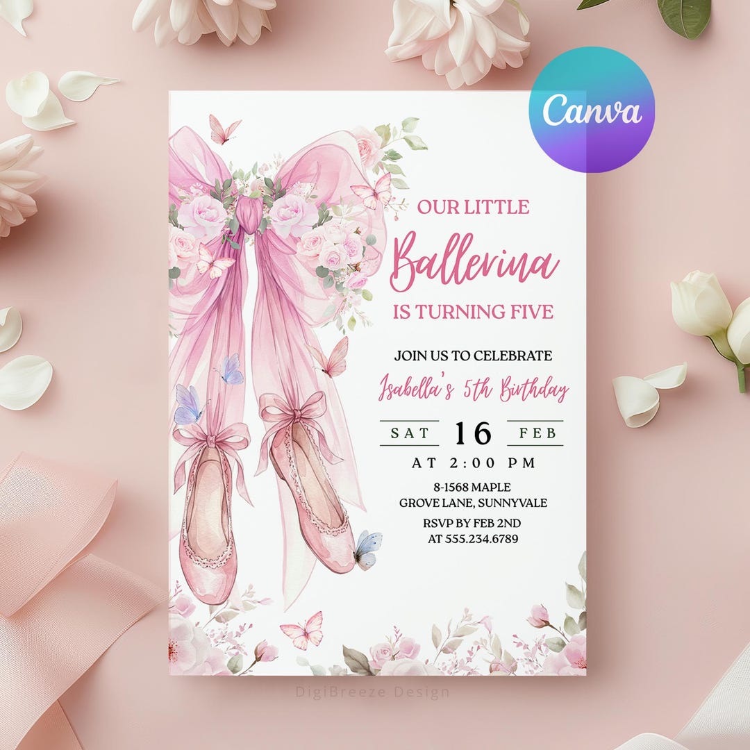 Floral Bow Ballet Birthday Invitation, Pink Ballerina Birthday Invite ...