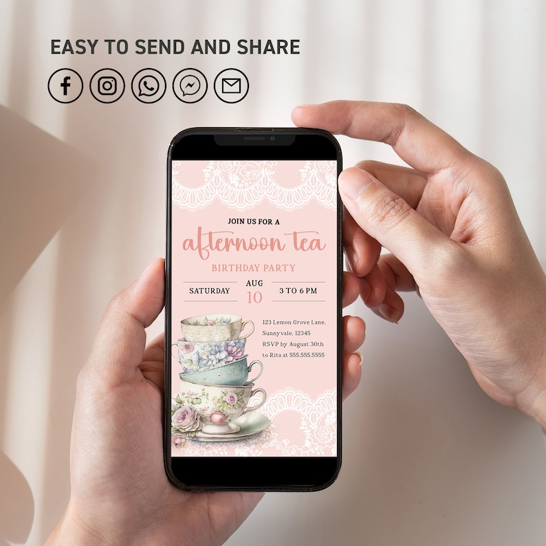Editable Pink Floral High Tea Party Invitation & Evite, Digital ...