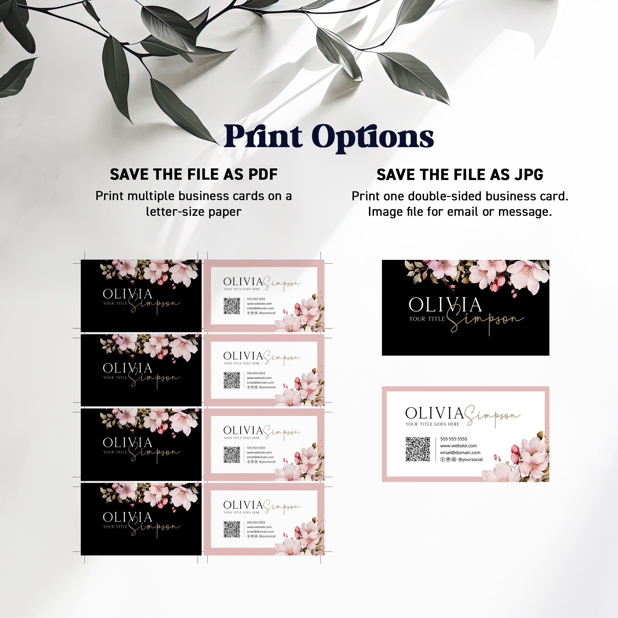 Watercolor Floral Business Card With QR Code for Beauty Salon & Small Business, Pink Flower ...