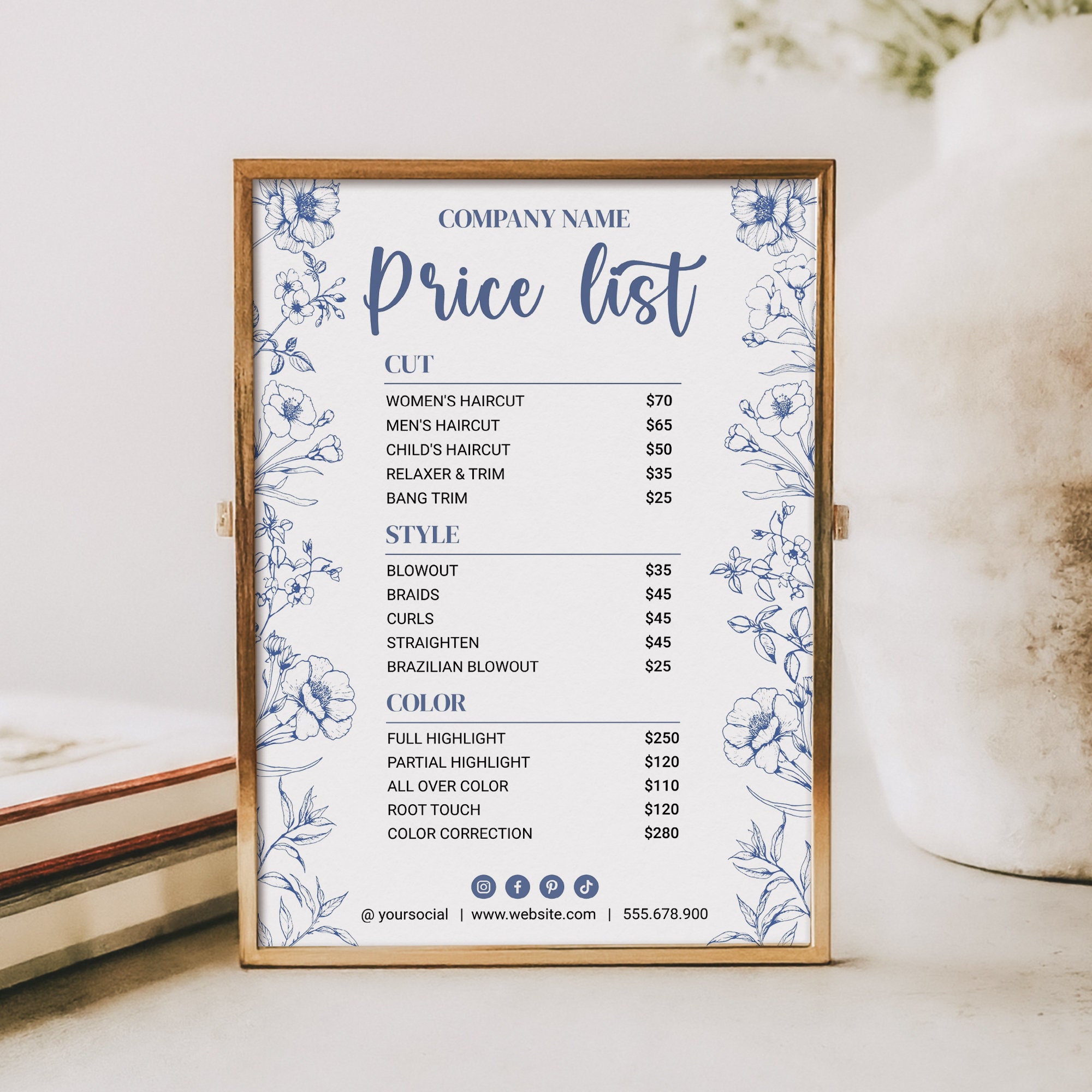 Floral Price List Template Editable Beauty Salon Pricelist & Printable ...