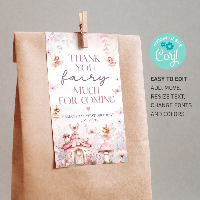 Editable Pink Fairy First Birthday Thank You Favor Tag, Enchanted Fairy ...