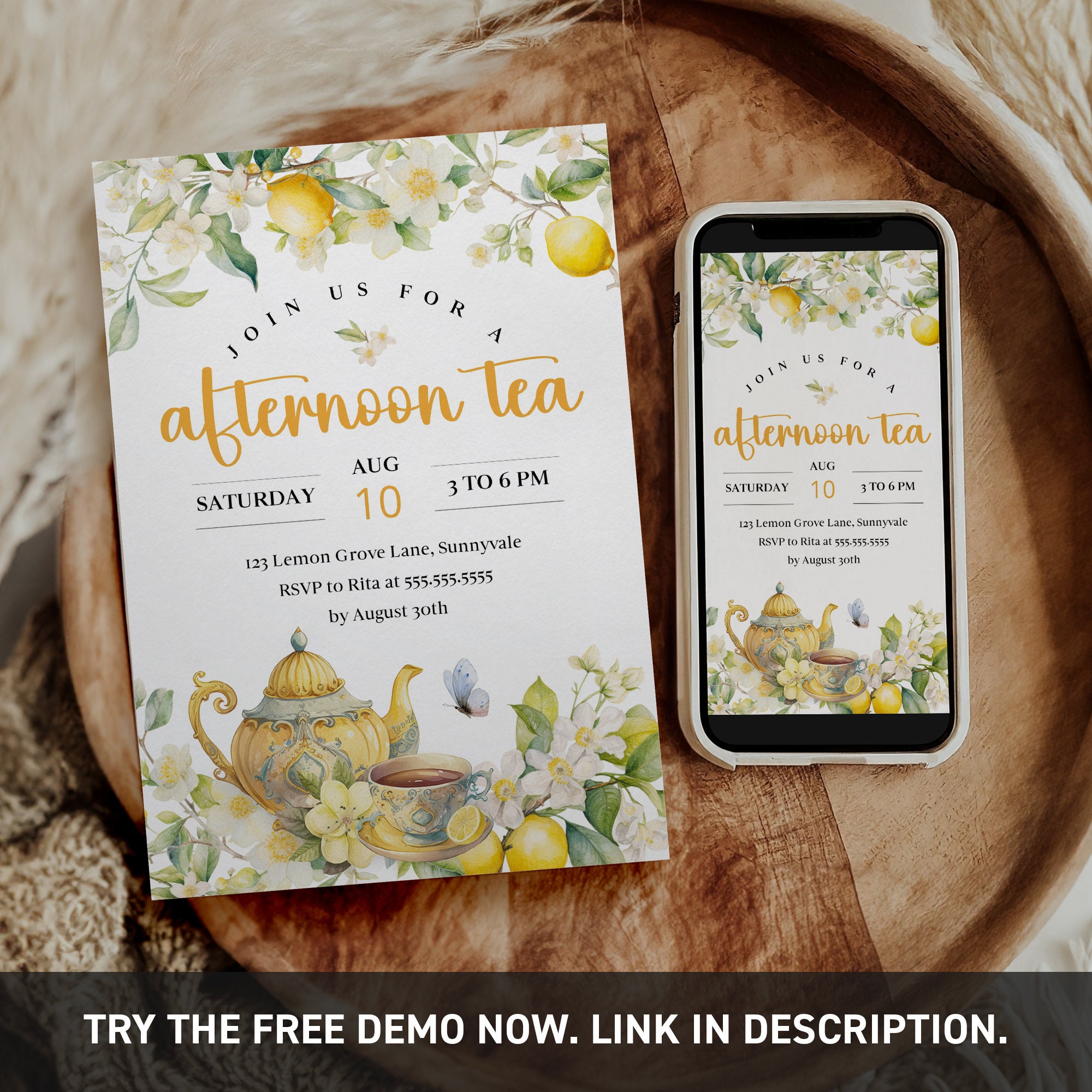 Editable Summer Lemon Tea Party Invitation & Evite, Digital Afternoon ...