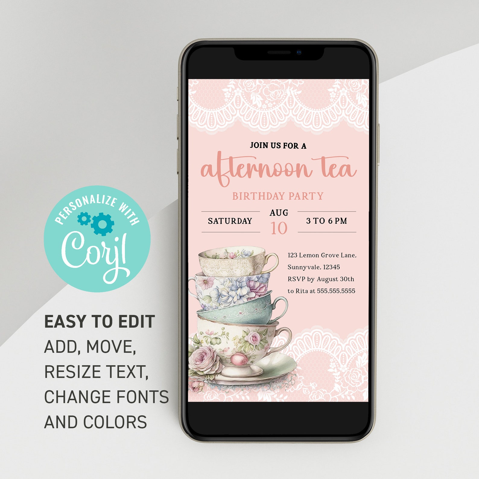 Editable Pink Floral High Tea Party Invitation & Evite, Digital ...