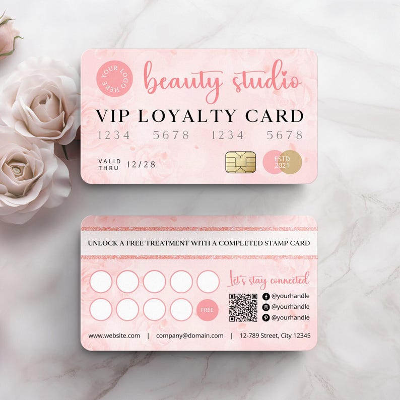 Blush Pink Rose Beauty Salon Credit Card Loyalty Card Stamp Template ...