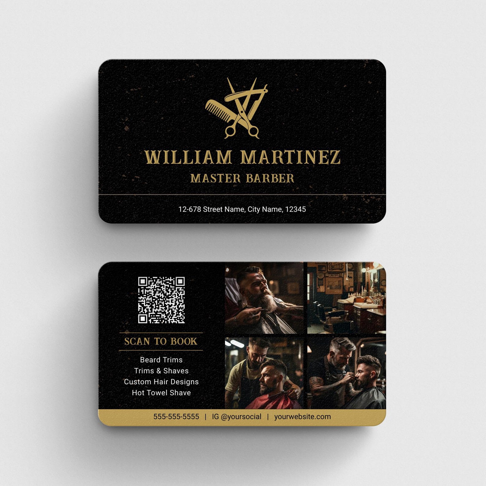 Modern Black Gold Barber Business Card Template, Editable Barbershop QR ...