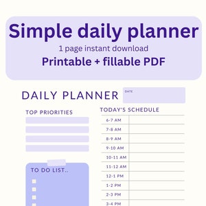 Simple Daily Planner Purple Printable, Instant Download, Minimalist Planner, Productivity ...