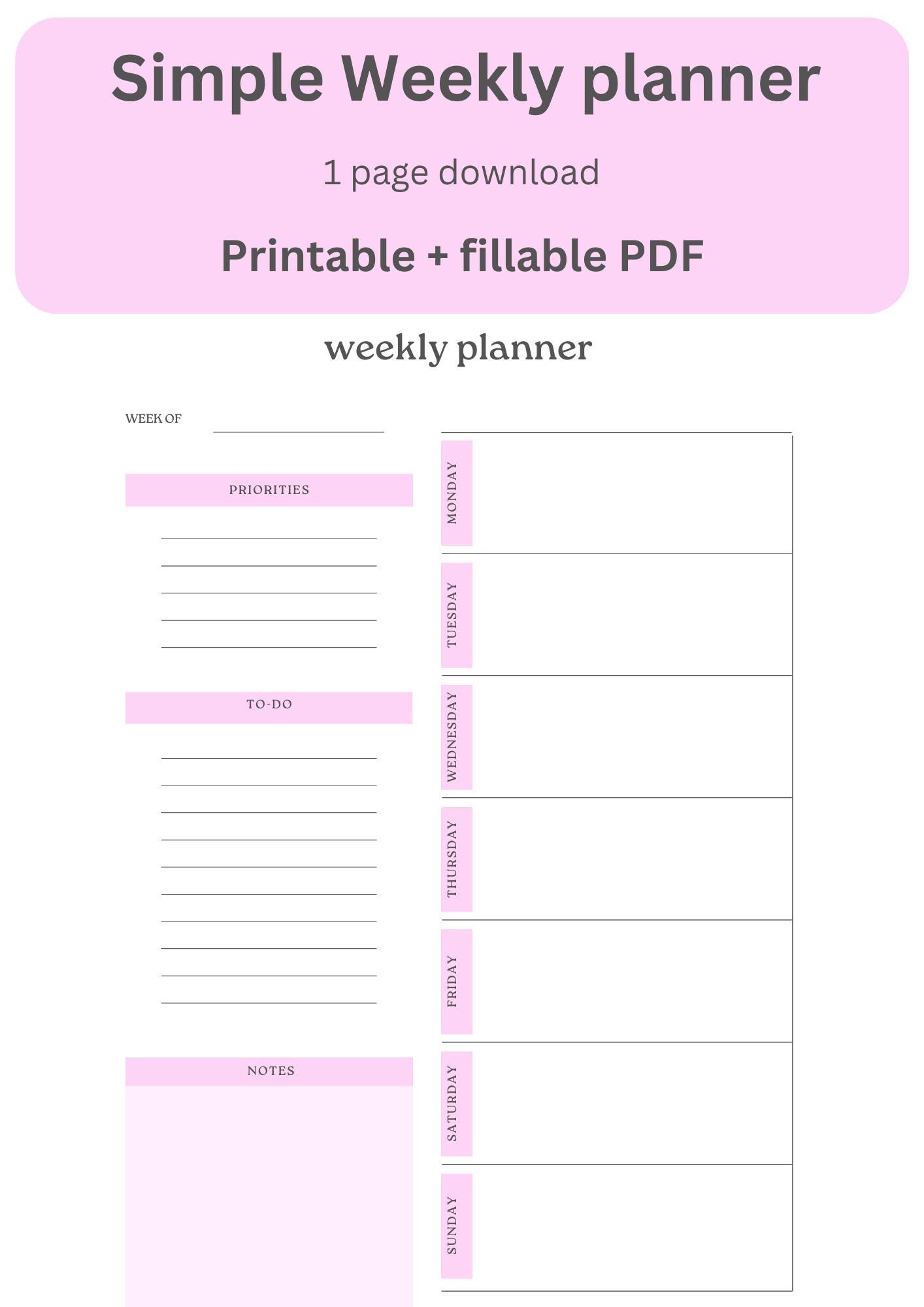 Simple Weekly Planner Pink - Printable, Instant Download, Minimalist ...