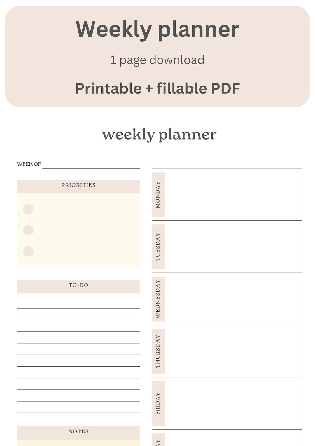 Simple Weekly Planner Beige - Printable, Instant Download, Minimalist ...
