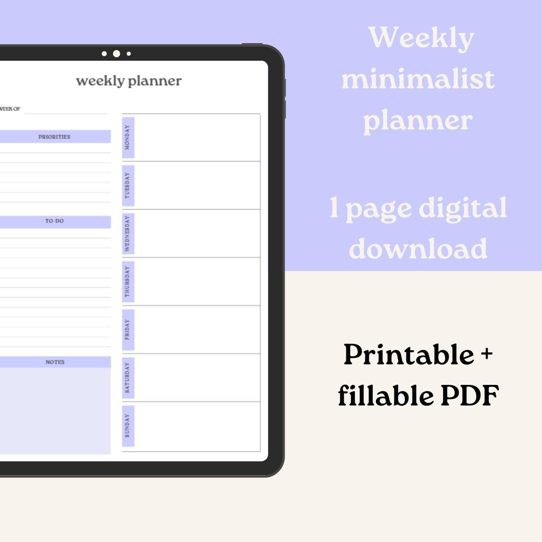 Simple Weekly Planner Purple - Printable, Instant Download, Minimalist ...