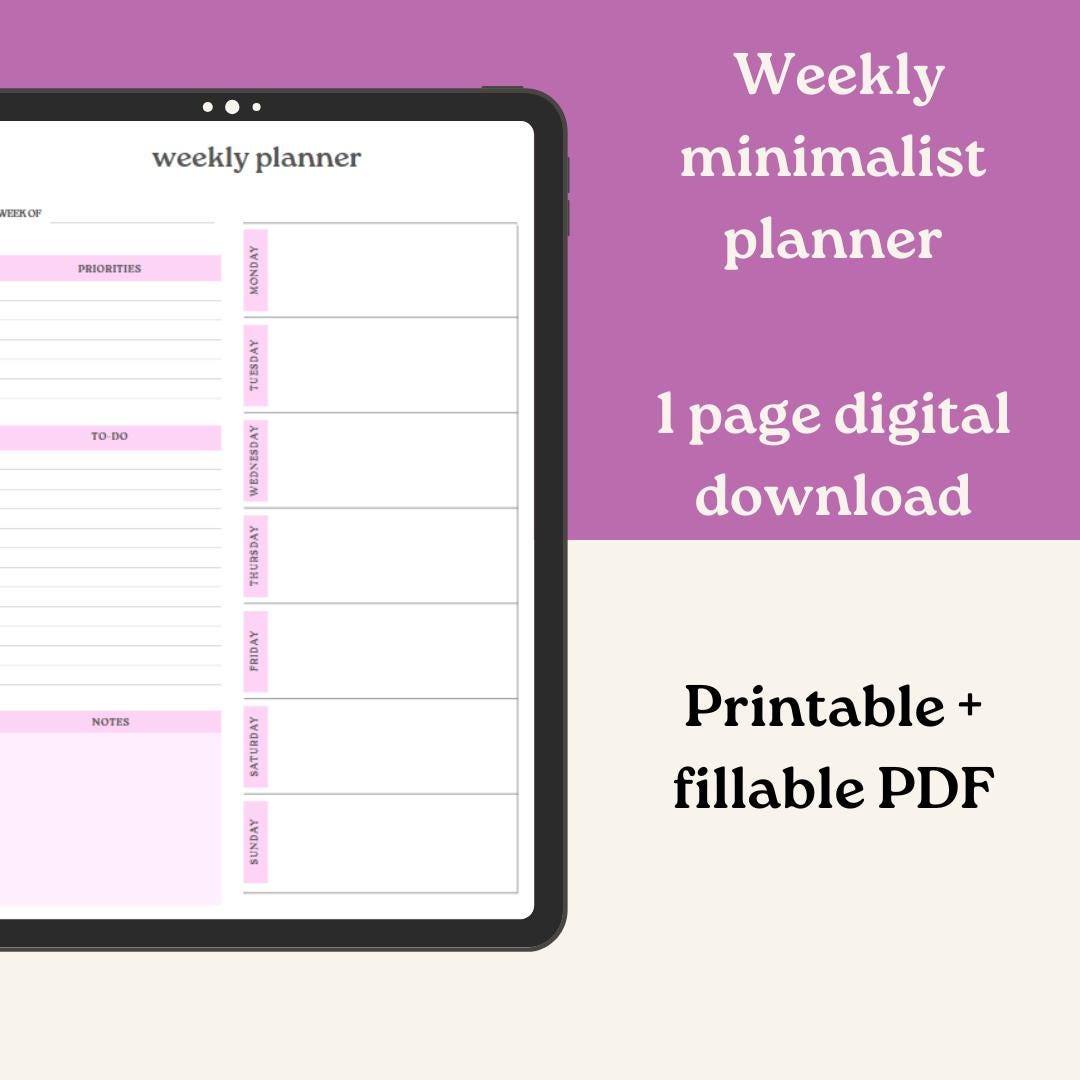 Simple Weekly Planner Pink - Printable, Instant Download, Minimalist ...