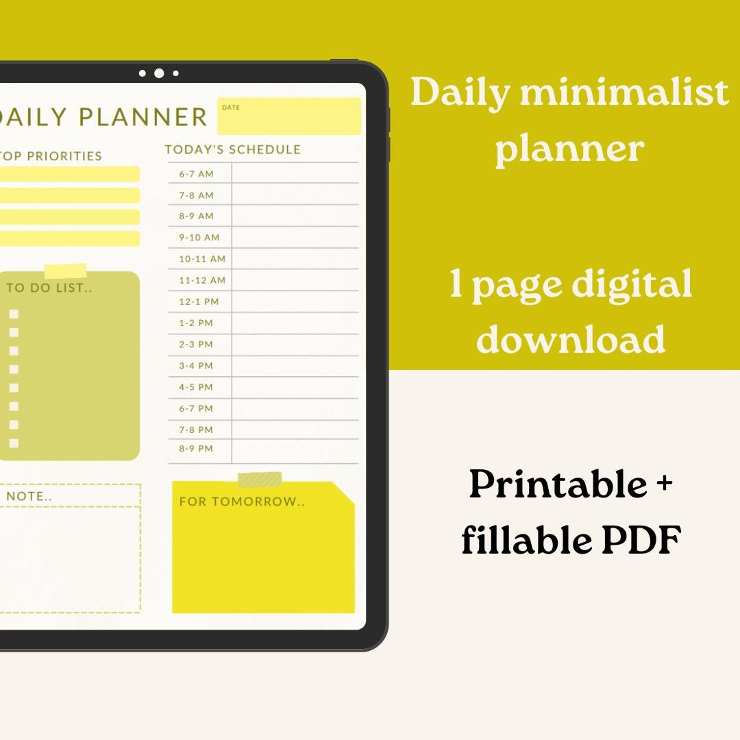 Sleek Yellow Daily Planner - Printable Organizer, Instant Download ...