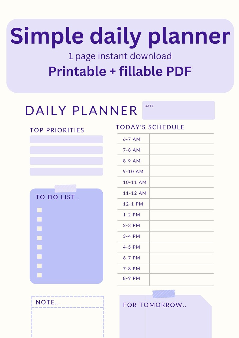 Simple Daily Planner Purple Printable, Instant Download, Minimalist ...