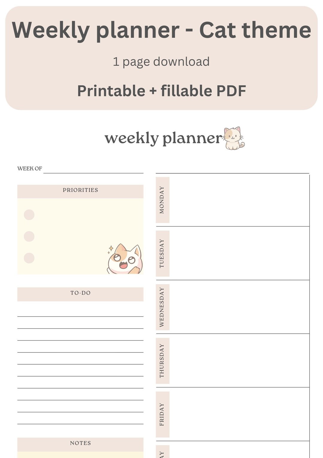 Weekly Planner Cute Cat Planner, Printable, Instant Download, Cute ...