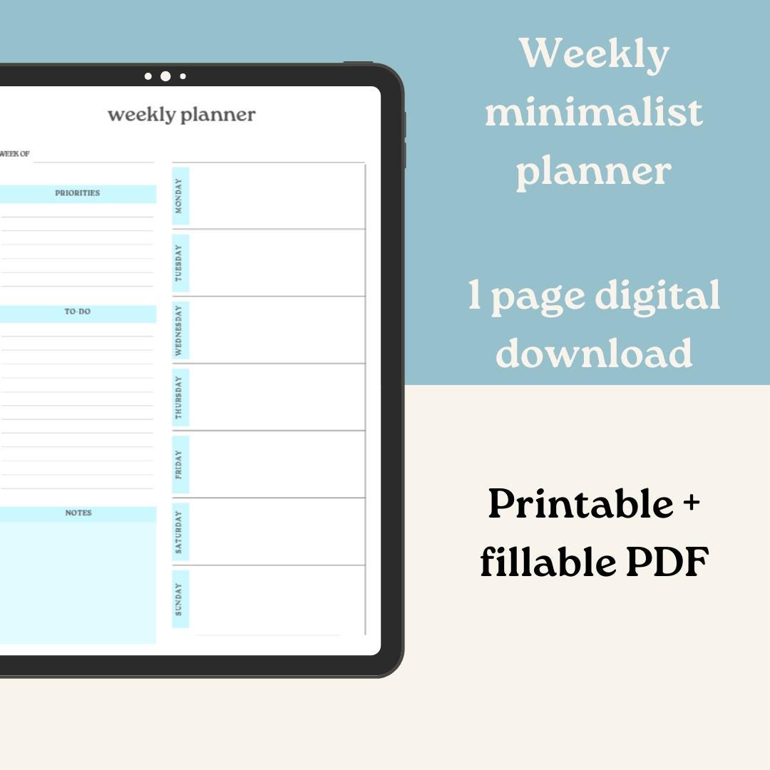 Simple Weekly Planner Blue - Printable, Instant Download, Minimalist ...