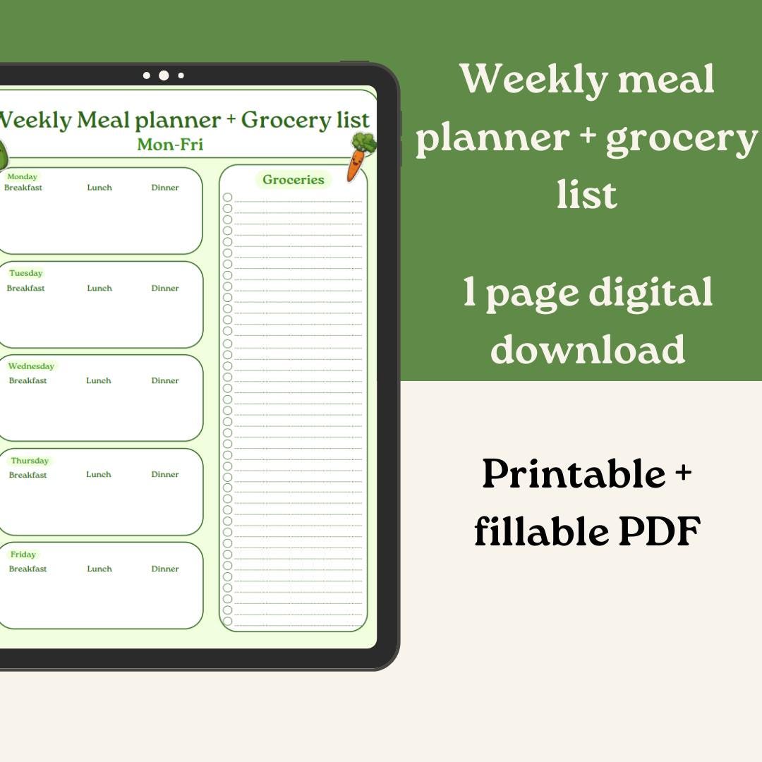 Weekly Meal Planner & Grocery List: Printable PDF (digital Download) - Etsy