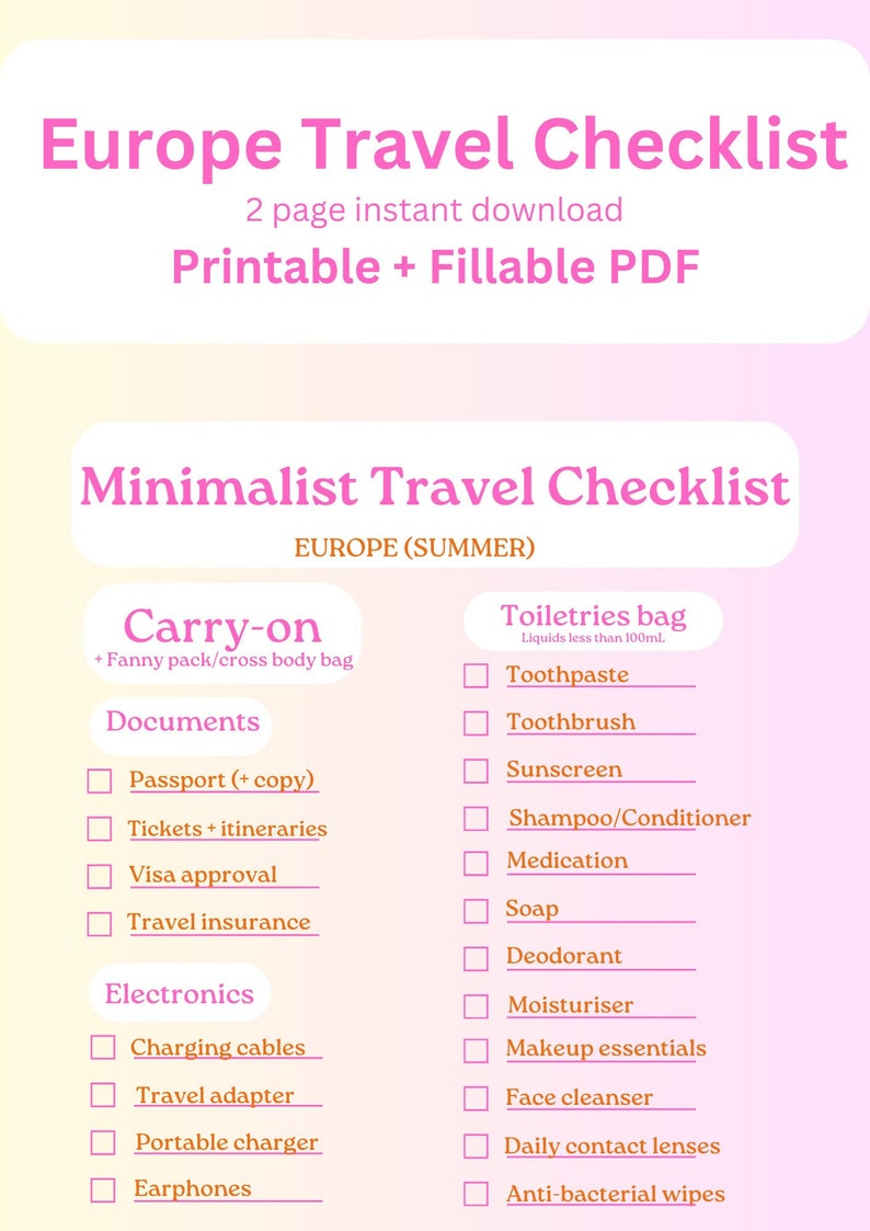 Travel Checklist Europe Summer Packing List, Printable PDF, Travel ...
