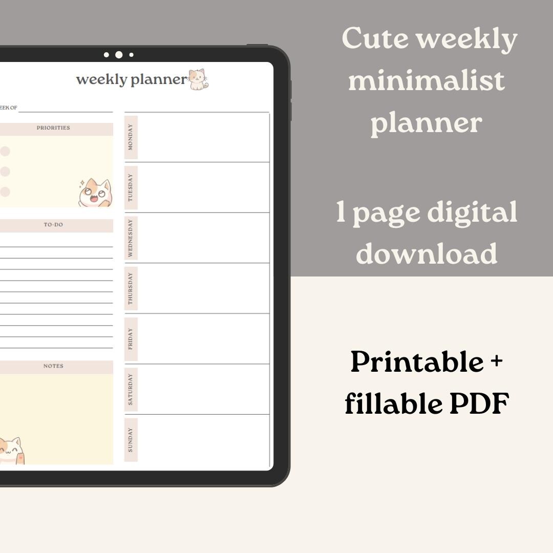 Weekly Planner - Cute Cat Planner, Printable, Instant Download, Cute ...
