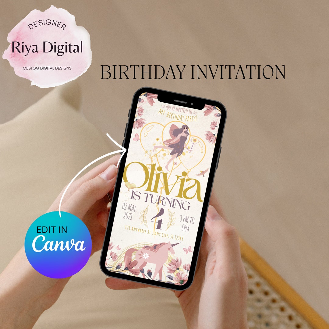 Kids Invite, Rainbow 4th Birthday E Invite, Girl Fourth Birthday Party Evite Template, Digital ...