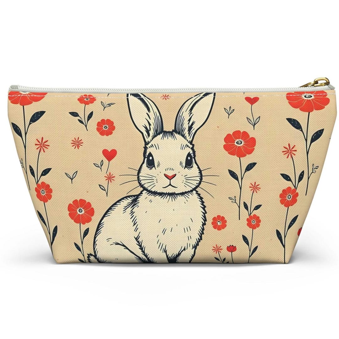 Boho Cute Rabbit Accessory Pouch, Spring Floral Makeup Bag, Bunny ...