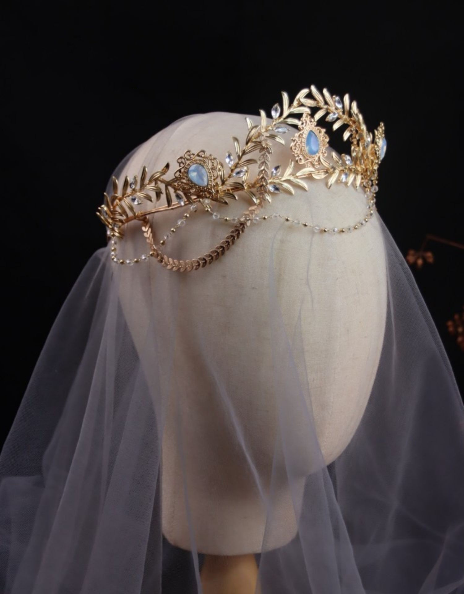 Golden Leaf Wedding Crown With Opal,laurel Leaf Tiara,bridal Crown ...