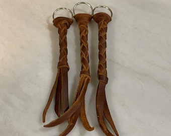 Long Brown Braided Leather Keychain Round Braid With Gold Plated Key ...