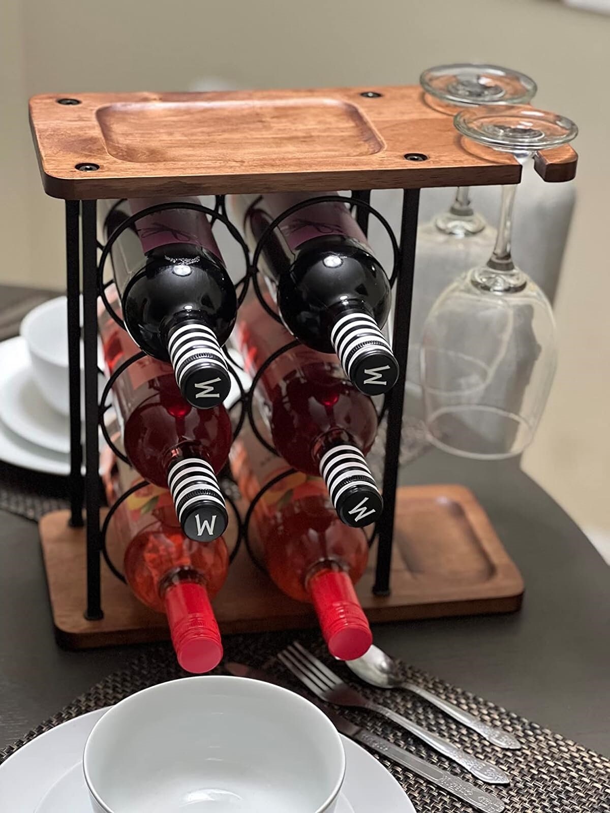 Stylish Wine Holder and Glasses Rack W/ Tray Wooden Wine Racks ...