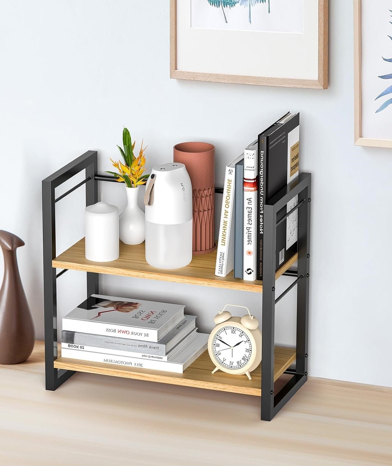 Black 2-tier Wood Office Desk Shelf Organizer Desktop Bookshelf for ...