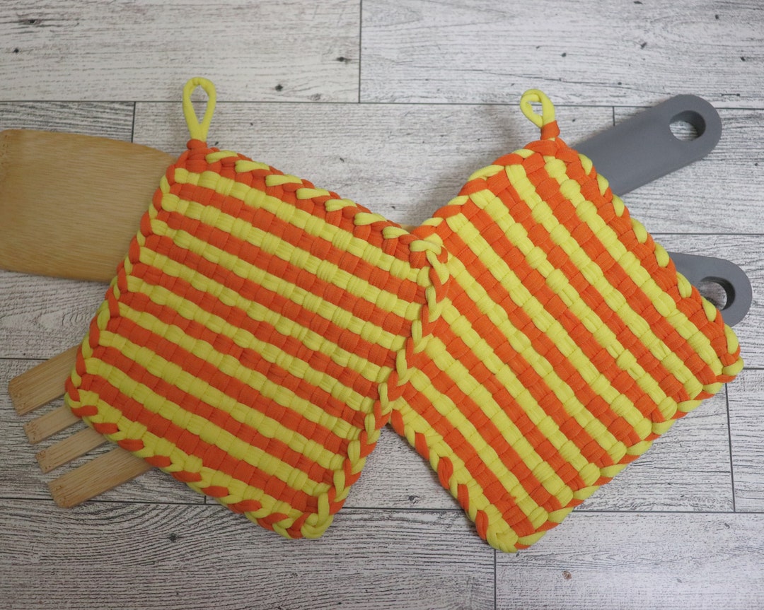 Handmade Loomed Cotton Potholder Set: Orange & Yellow Striped Trivets ...