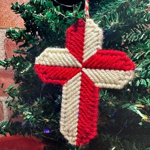 Faithful Cross Decoration, Plastic Canvas Handmade Ornament, Red and ...