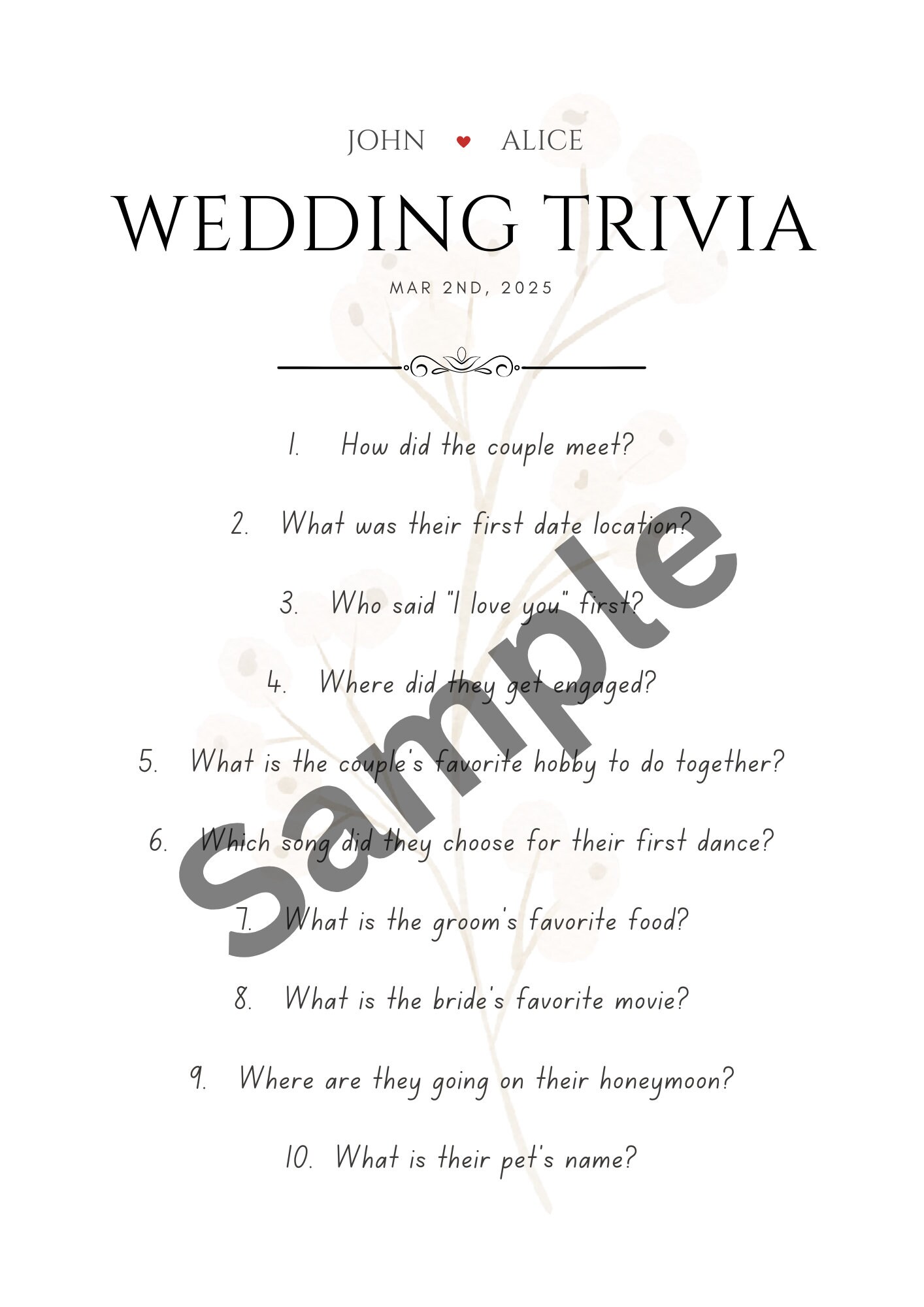 Customizable Wedding Table Trivia Cards Fun Facts & Questions for Guest ...