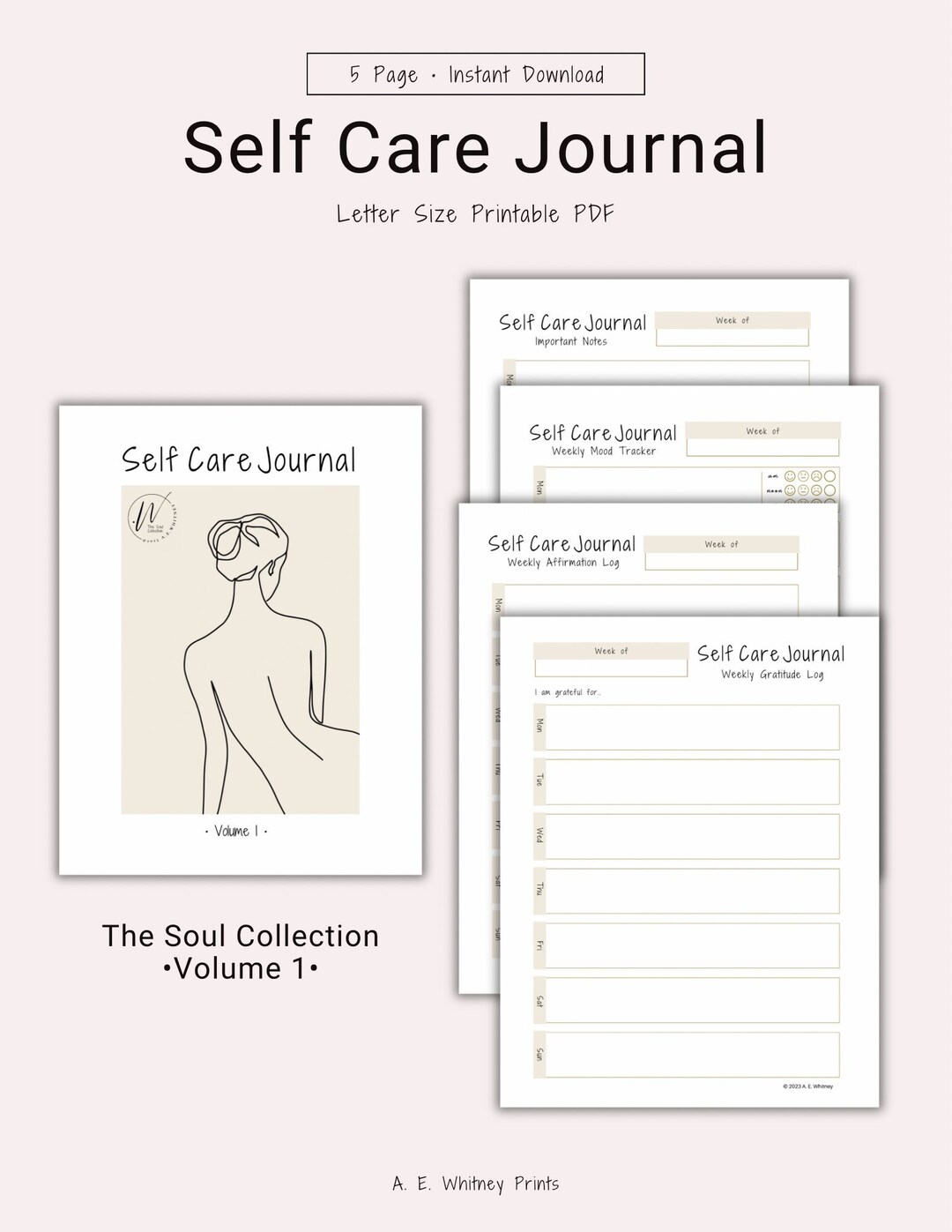Weekly Self Care Journal Affirmation Log, Mood Tracker, Daily Gratitude Log Printable Planner ...