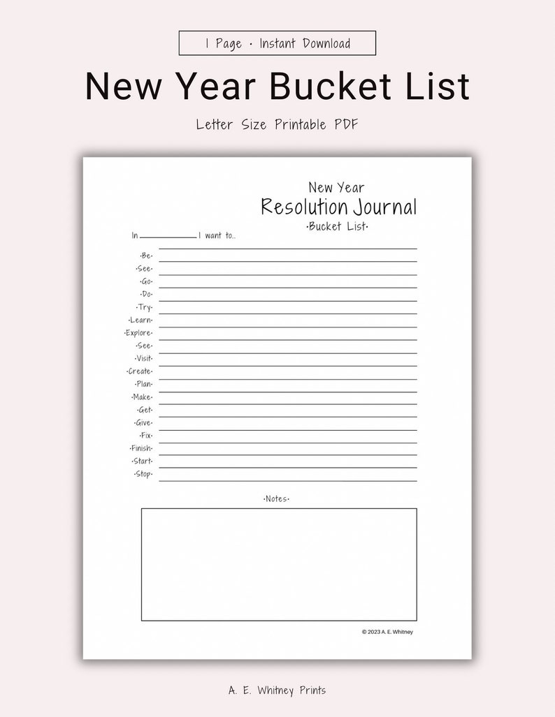 Printable New Year Resolution Journal Bucket List Page - Etsy