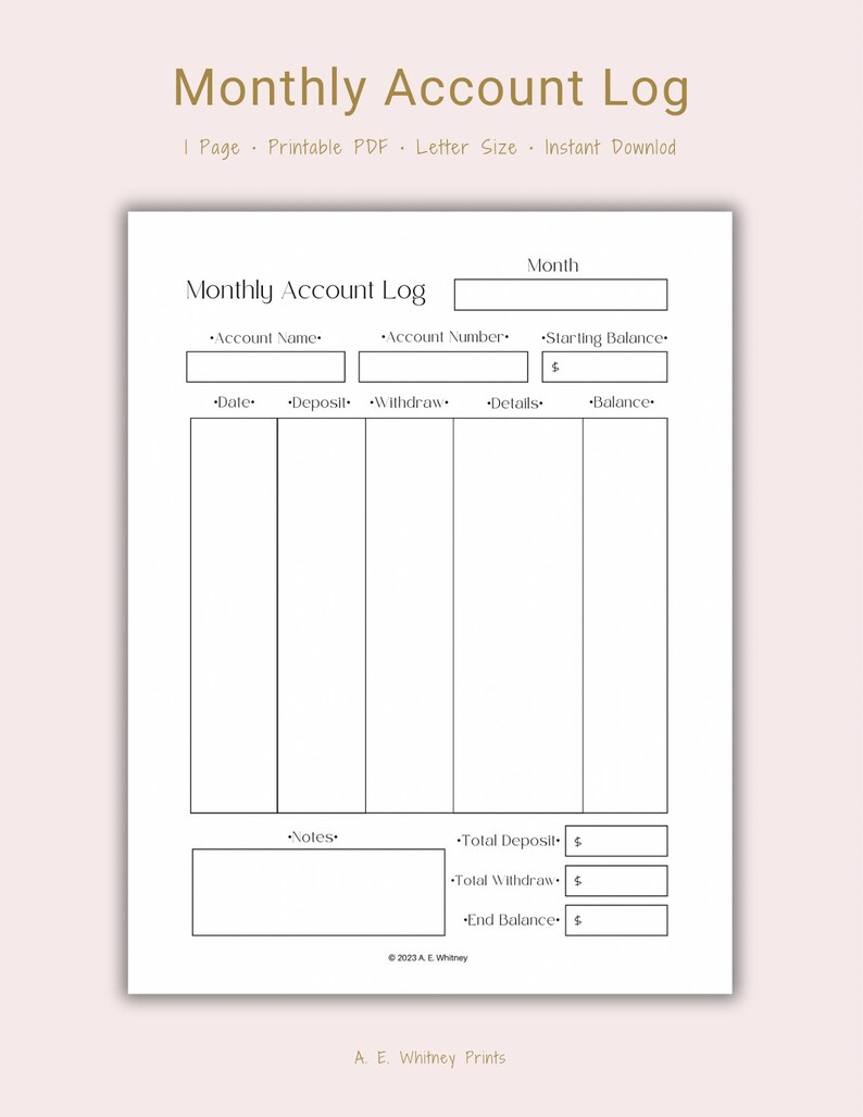 Monthly Account Log Printable Budget Planner Financial Wellness Journal ...