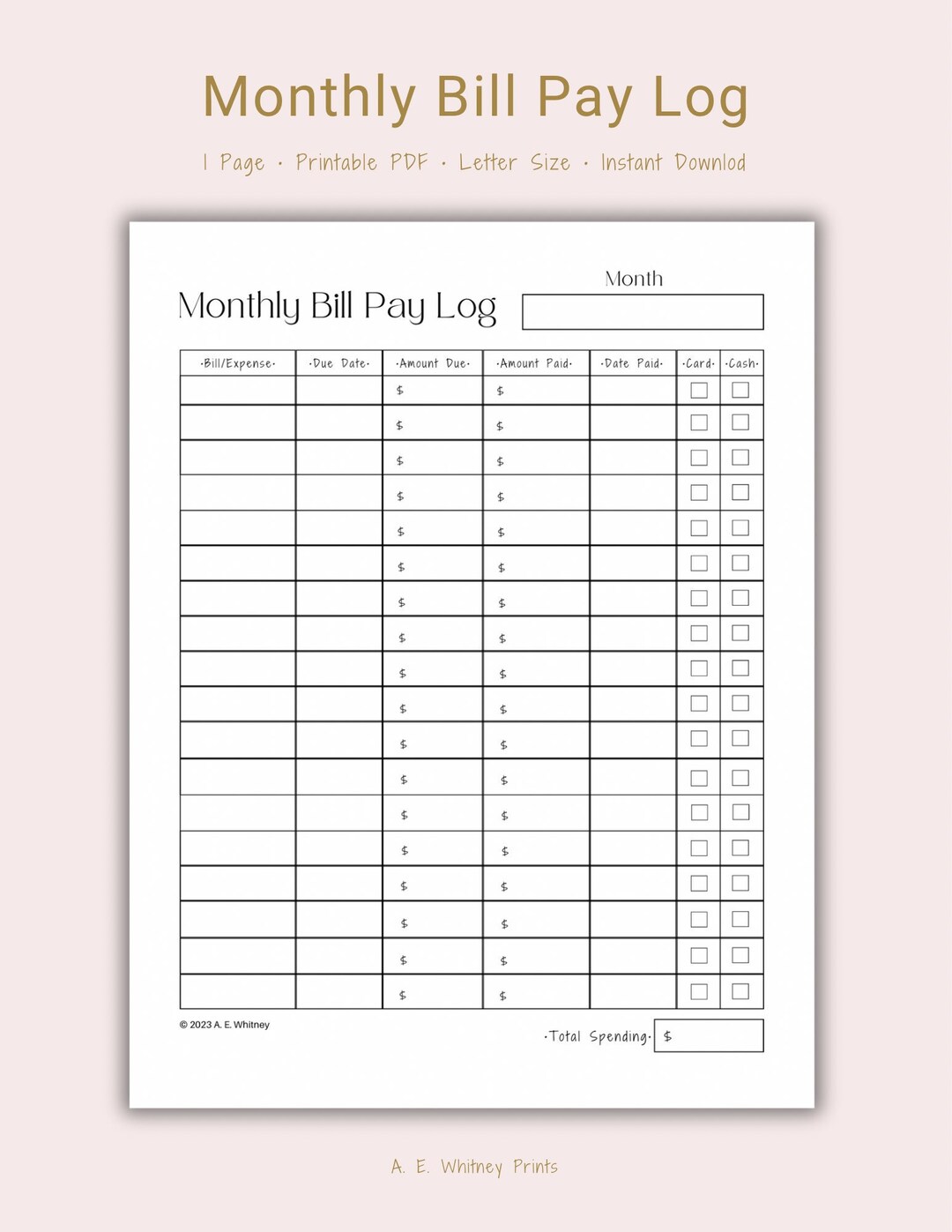 Bill Pay Log Printable Budget Planner Page Monthly Financial Wellness ...