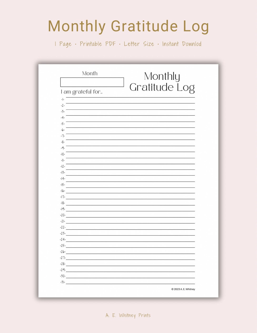 Monthly Gratitude Log Printable Planner Journal Page - Etsy