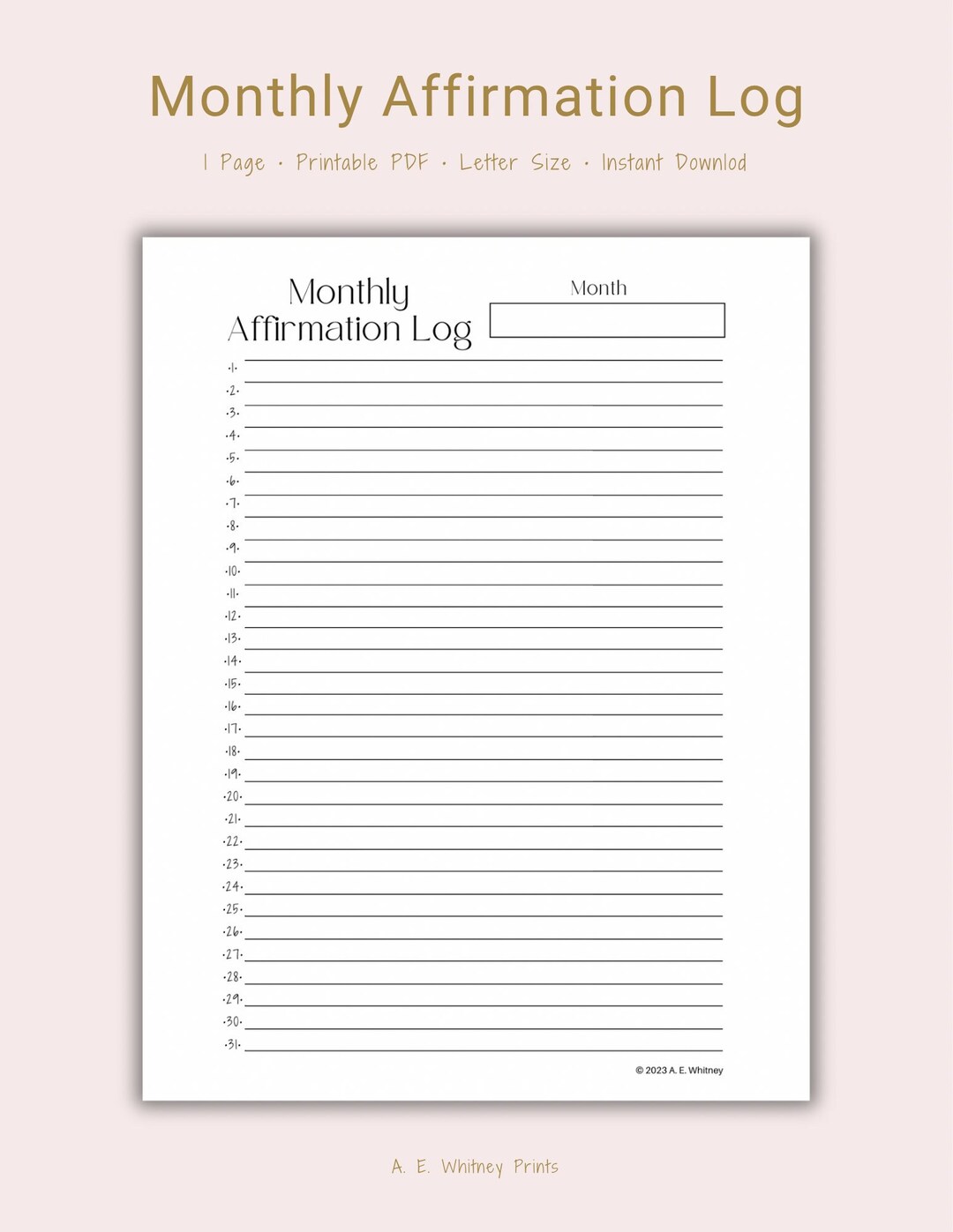 Monthly Affirmation Log Printable Planner Journal Page - Etsy