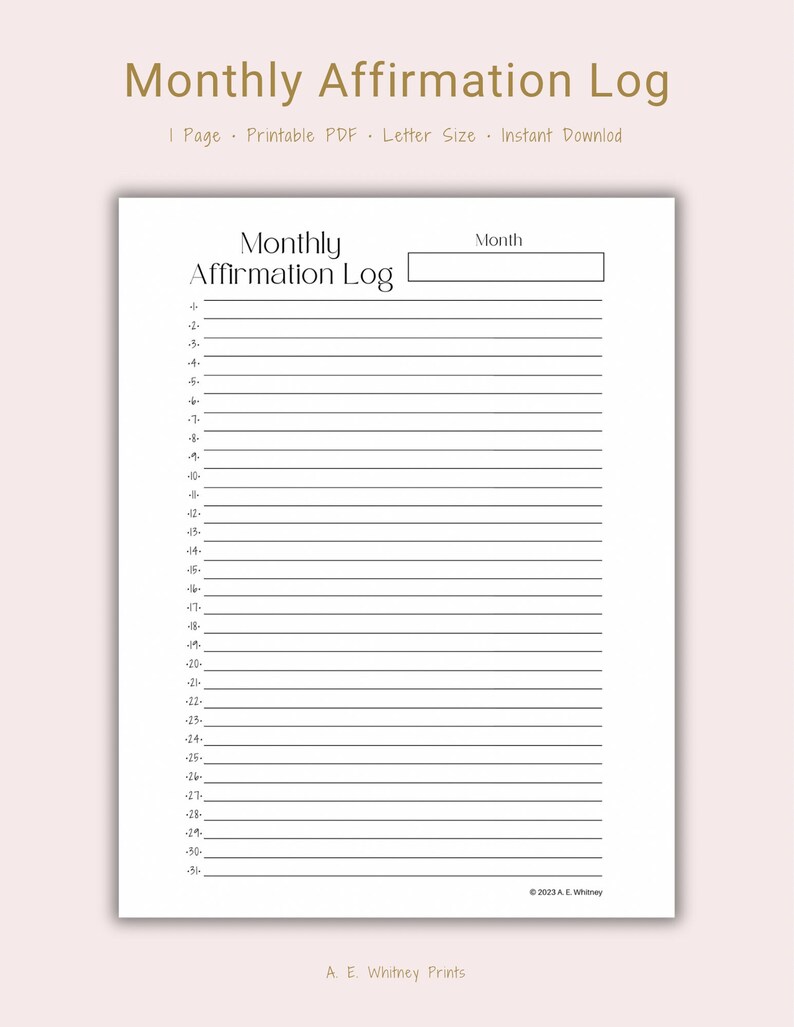 Monthly Affirmation Log Printable Planner Journal Page - Etsy