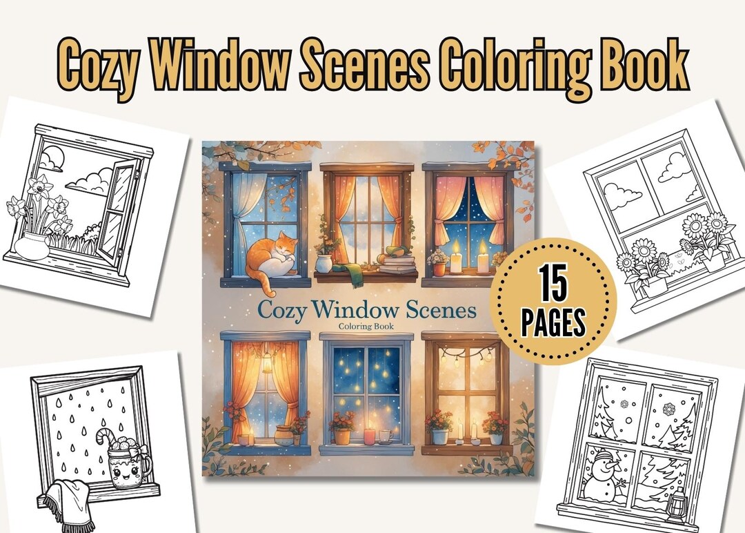 Cozy Window Scenes Coloring Book Cute Kawaii Window Landscape Coloring ...