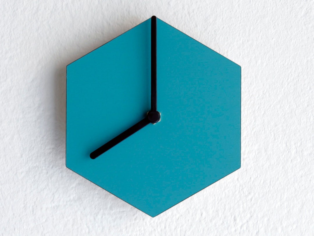 Very Small Hexagonal Clock, Wooden Turquoise Timepiece, Minimal Wall ...