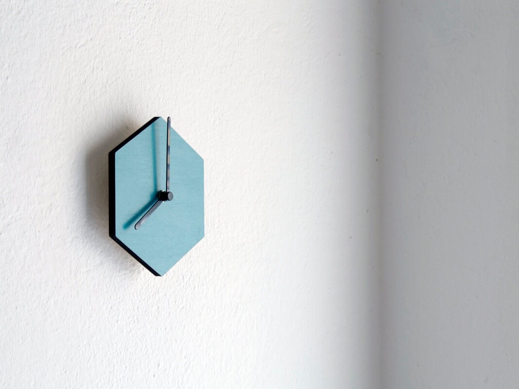 Very Small Hexagonal Clock, Wooden Turquoise Timepiece, Minimal Wall ...