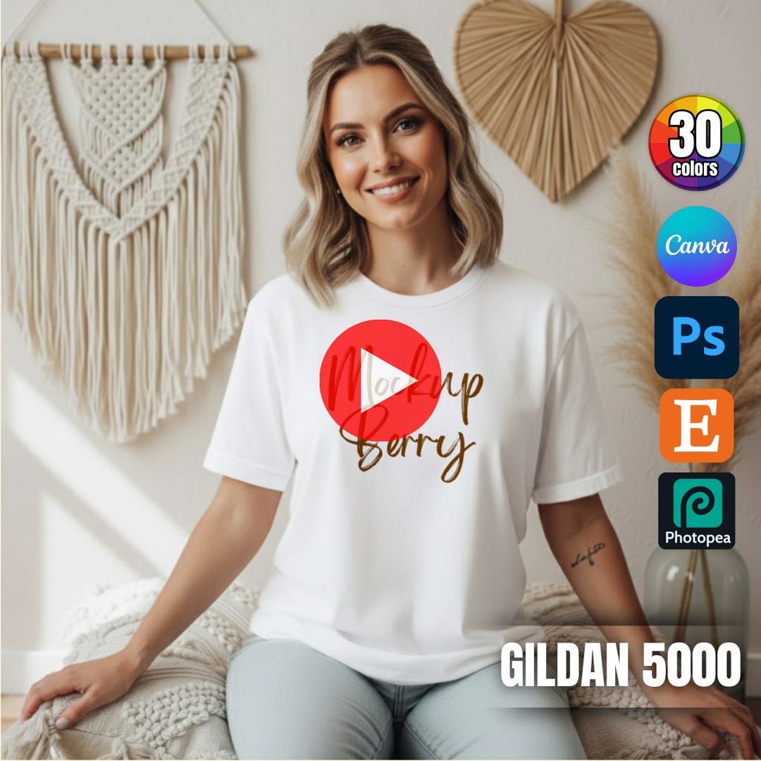 Animated Gildan 5000 T-shirt Mockup Bundle: MP4, Canva, PSD, PNG, JPG ...