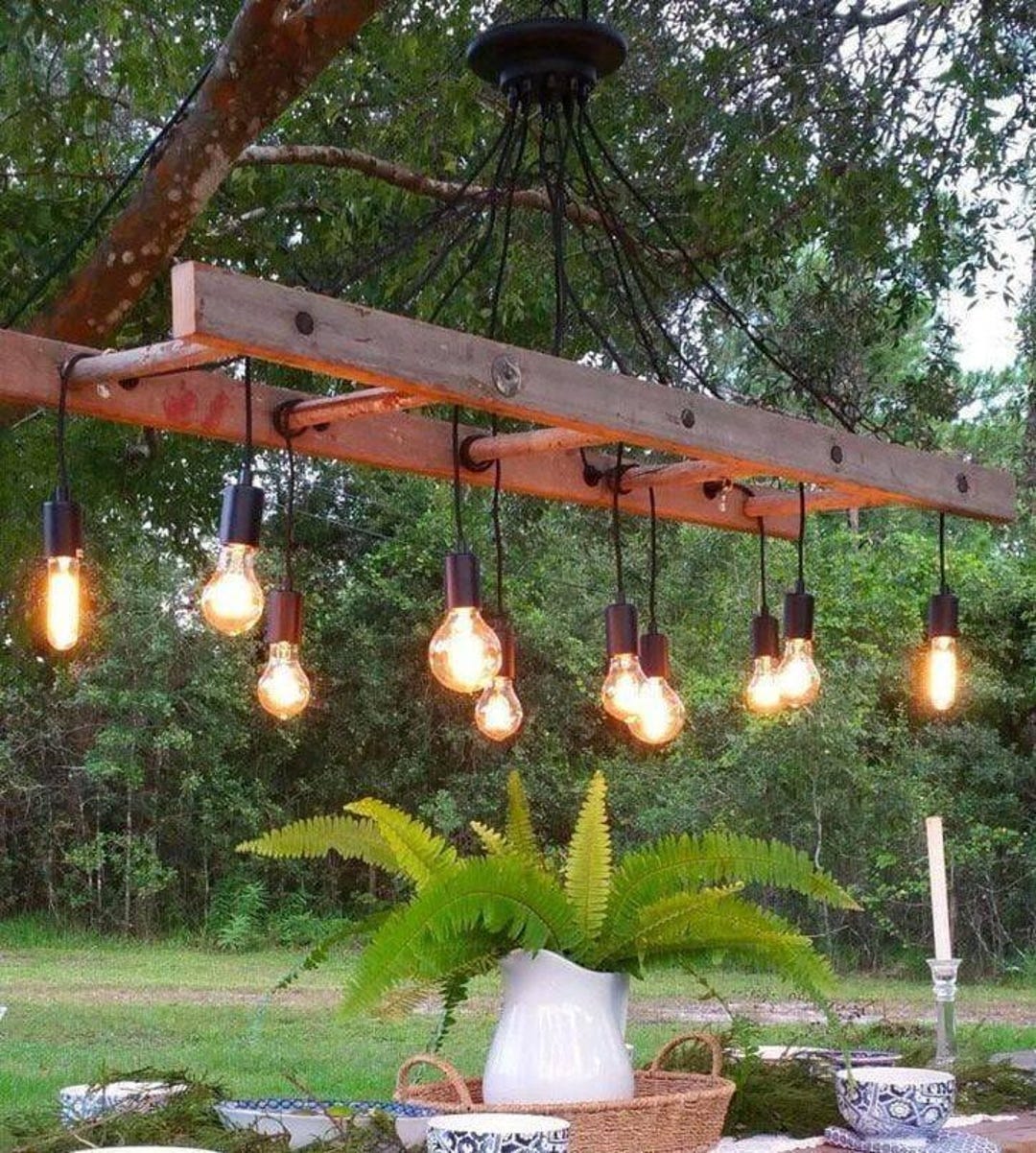 Handcrafted Wood Ladder Chandelier: Rustic Farmhouse Pendant Light - Etsy