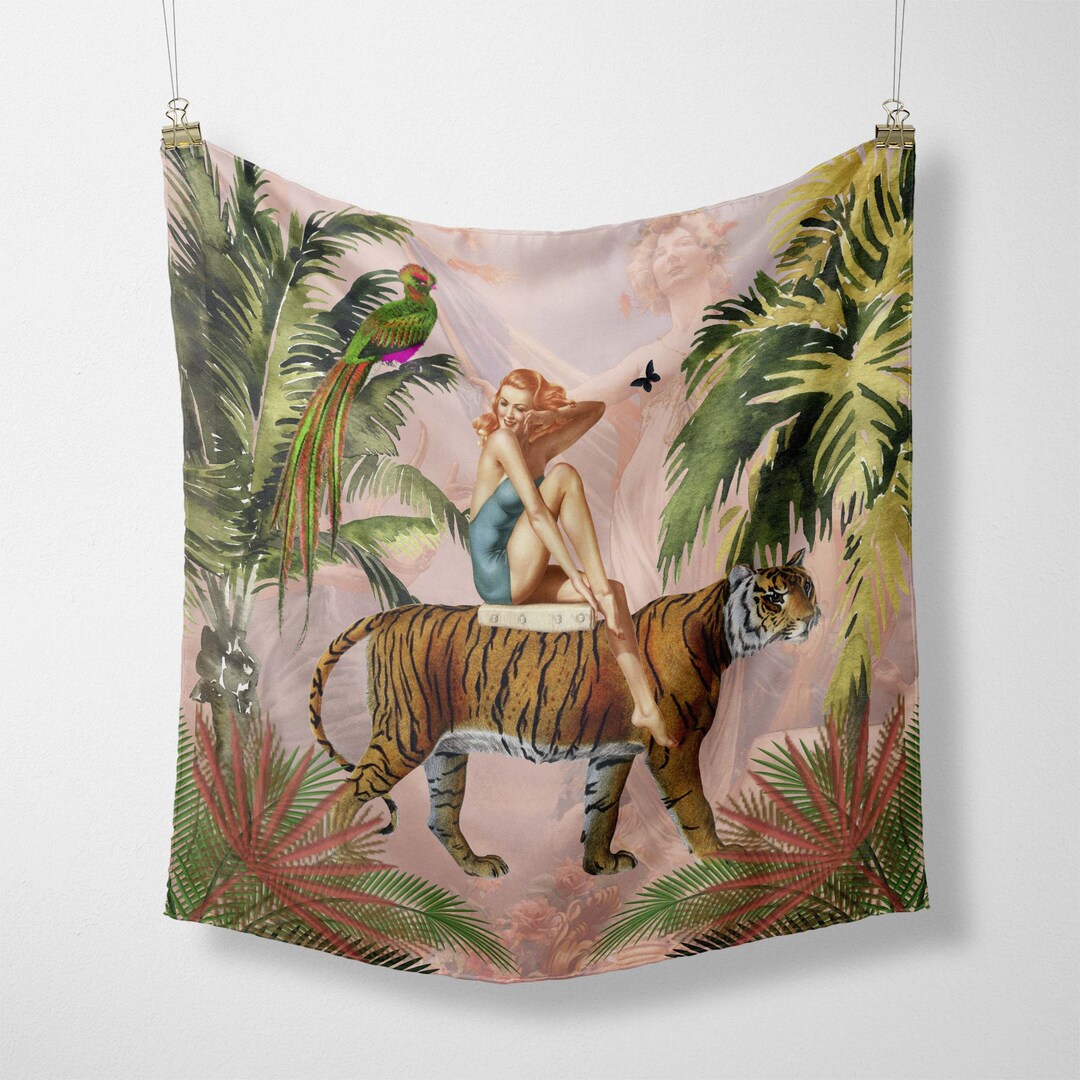 Pink Tiger Silk Scarf, Art Print Scarf, Silk Hair Scarf, Head Wrap ...