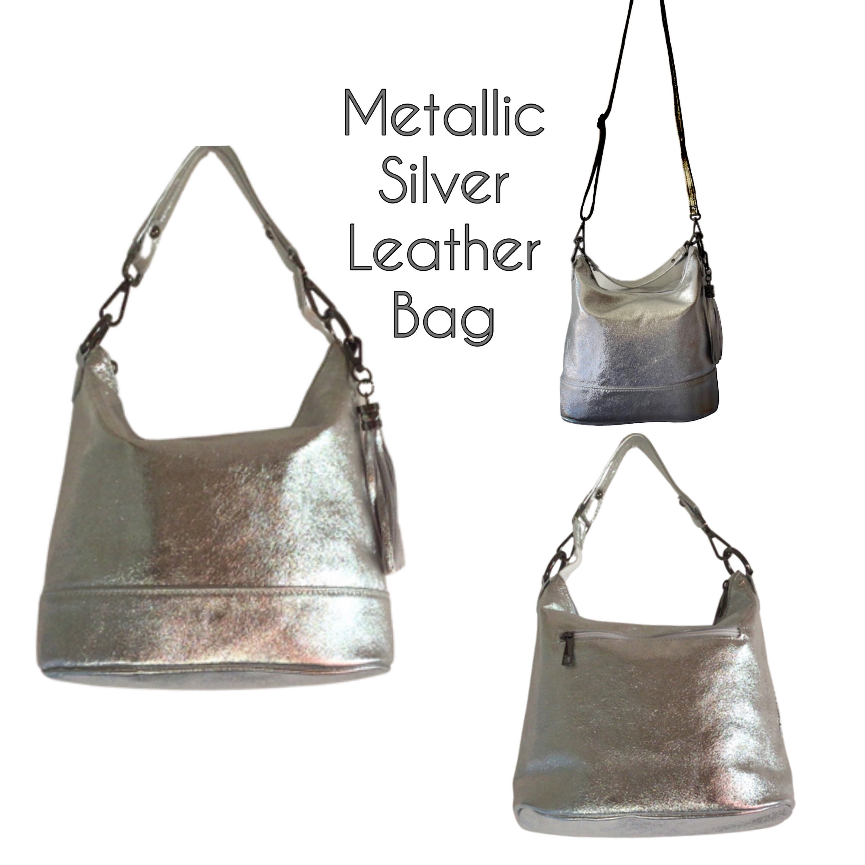Silver Leather Bags, Metallic Silver Leather Bag, Silver Shoulder Bag ...