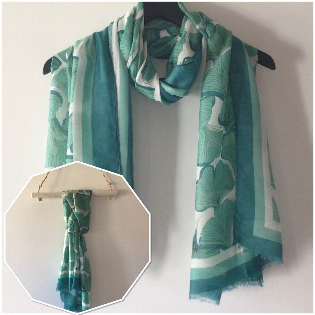 Ginkgo Scarf / Green Boho Ginkgo Pattern Scarf / Shades of Green Scarf ...
