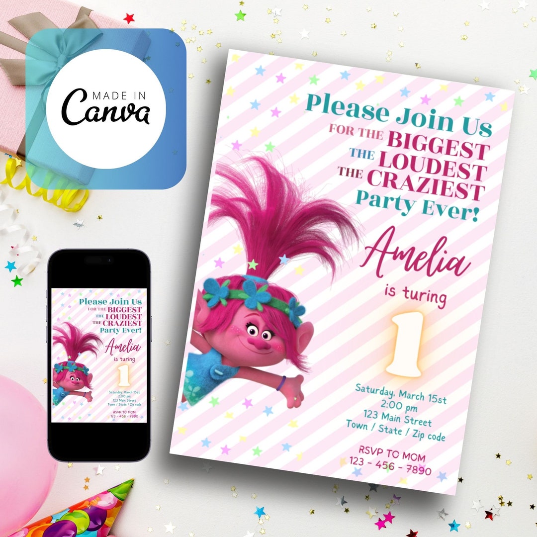 Printable Birthday Invitation, Editable Trolls Invite, Girls Birthday ...