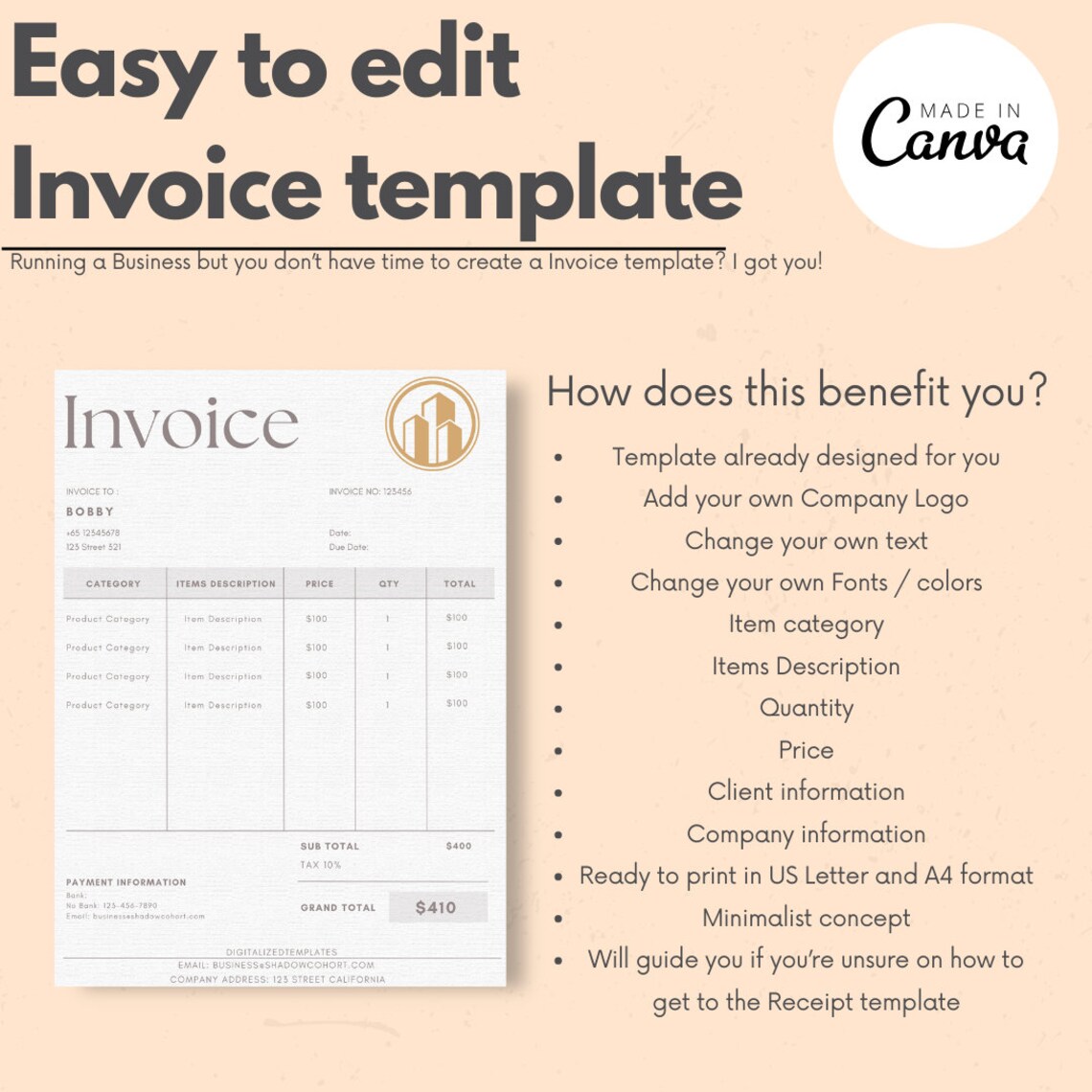 Printable Invoice and Receipt Canva Template Bundle Editable Invoice ...