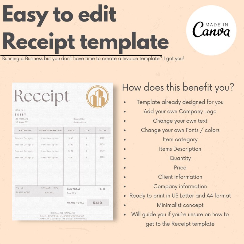 Printable Invoice and Receipt Canva Template Bundle Editable Invoice and Receipt Editable in ...